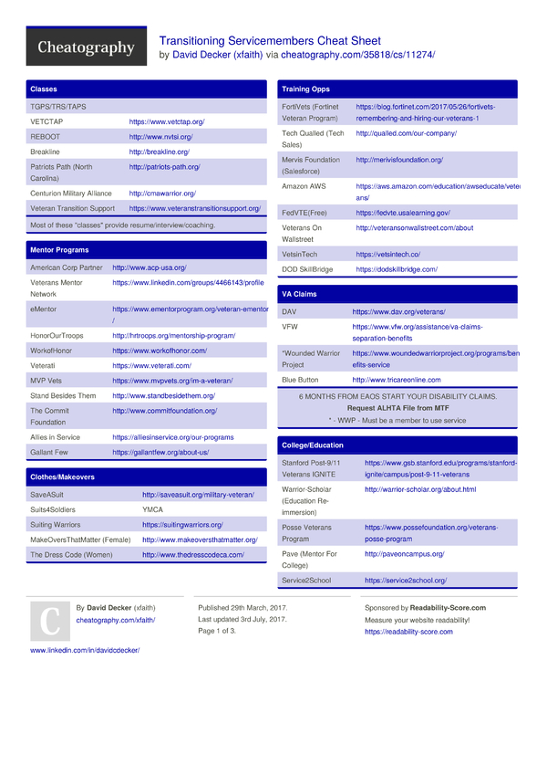 Transitioning Servicemembers Cheat Sheet | RallyPoint