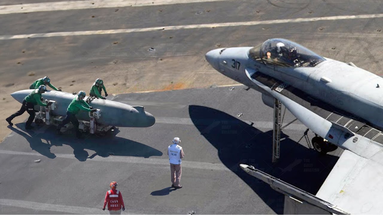 Attaching Massive Fuel Tank on US Navy F-18 in Middle of the Sea ...
