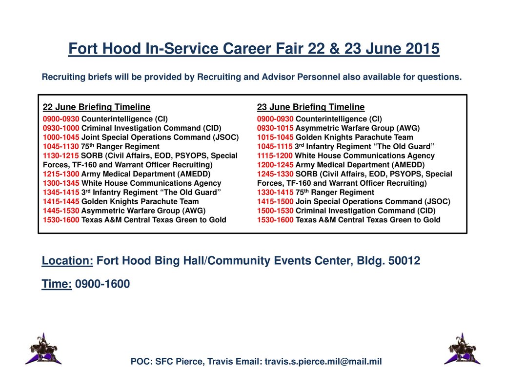 Fort Hood In-Service Career Fair 22 & 23 June 2015 The Units and ...